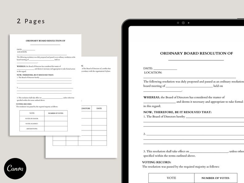 Ordinary Board Resolution Template, PDF, Canva - Etsy