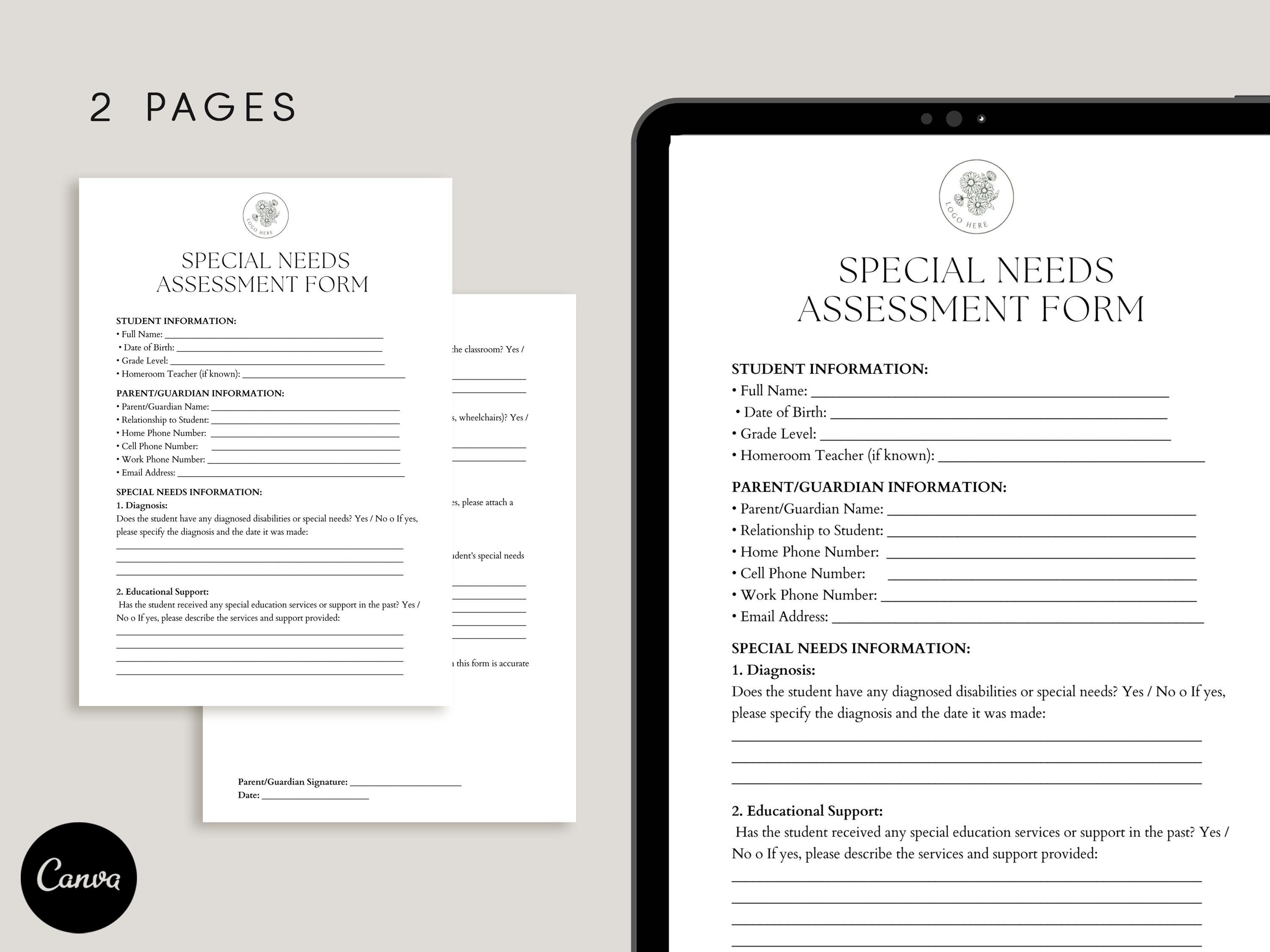 Special Needs Assessment Form Template, Pdf, Canva - Etsy