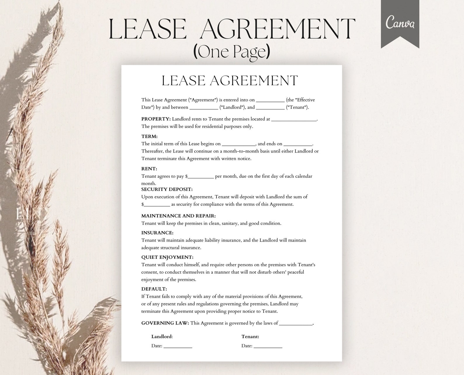 Editable One Page Lease Agreement, Rental Agreement, Simple One Page ...