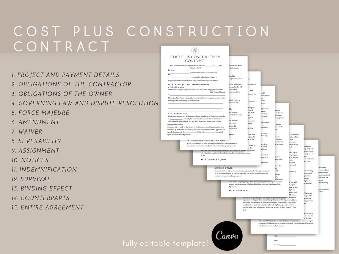 Cost Plus Construction Contract, Cost Plus Contractor Agreement , Pdf ...