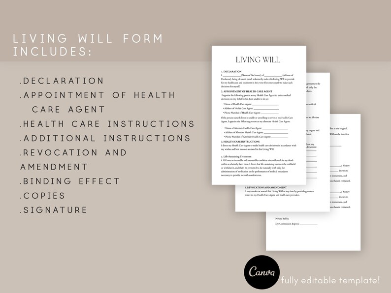 Editable Living Will Form, Living Will Template, Living Will ...
