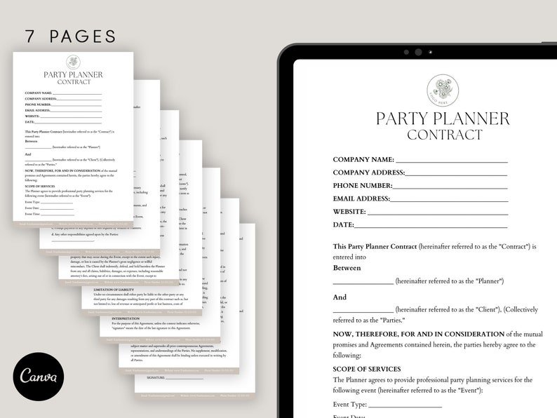 Editable Party Planner Contract, Party Planner Client Form, Event ...