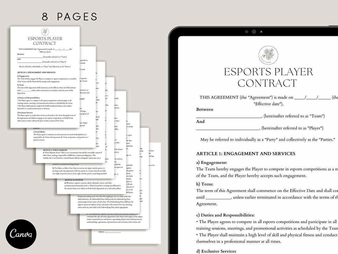 Esports Player Contract Template, Professional Gamer Contract, Pro ...