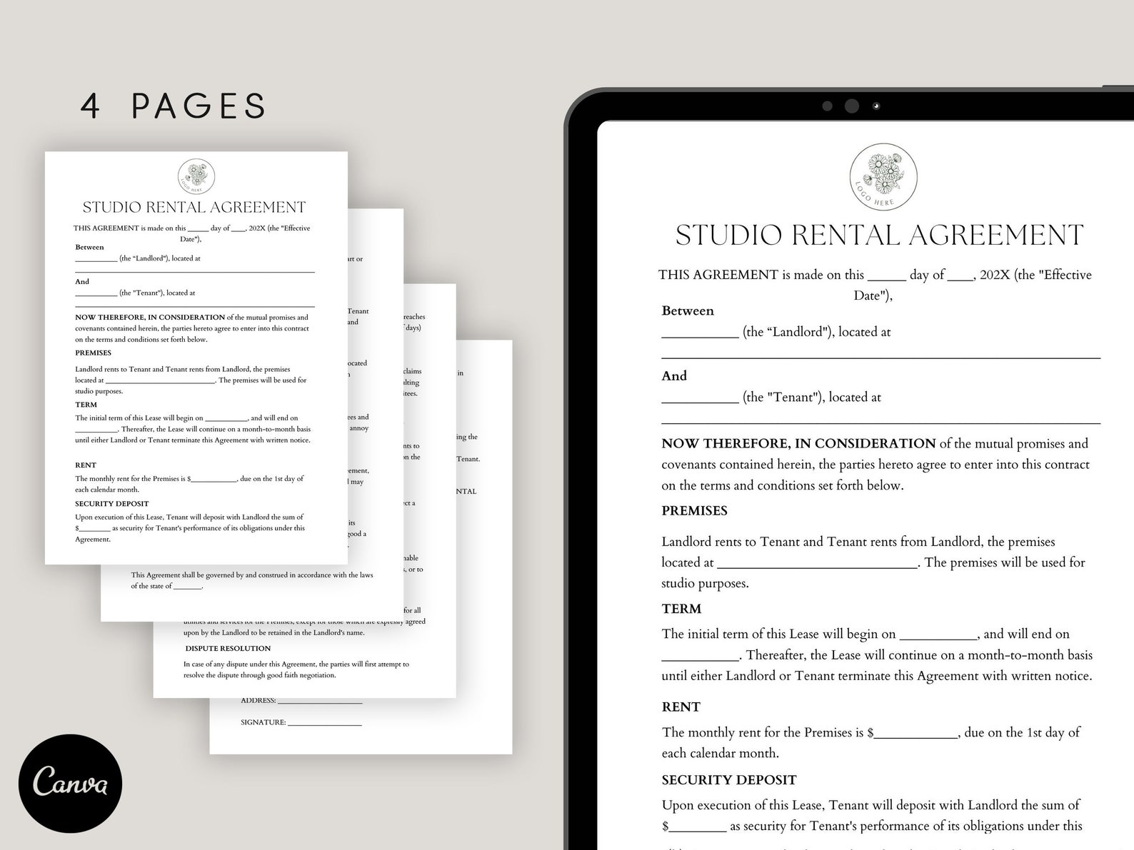 Editable Studio Rental Agreement Template, Studio Lease Agreement ...