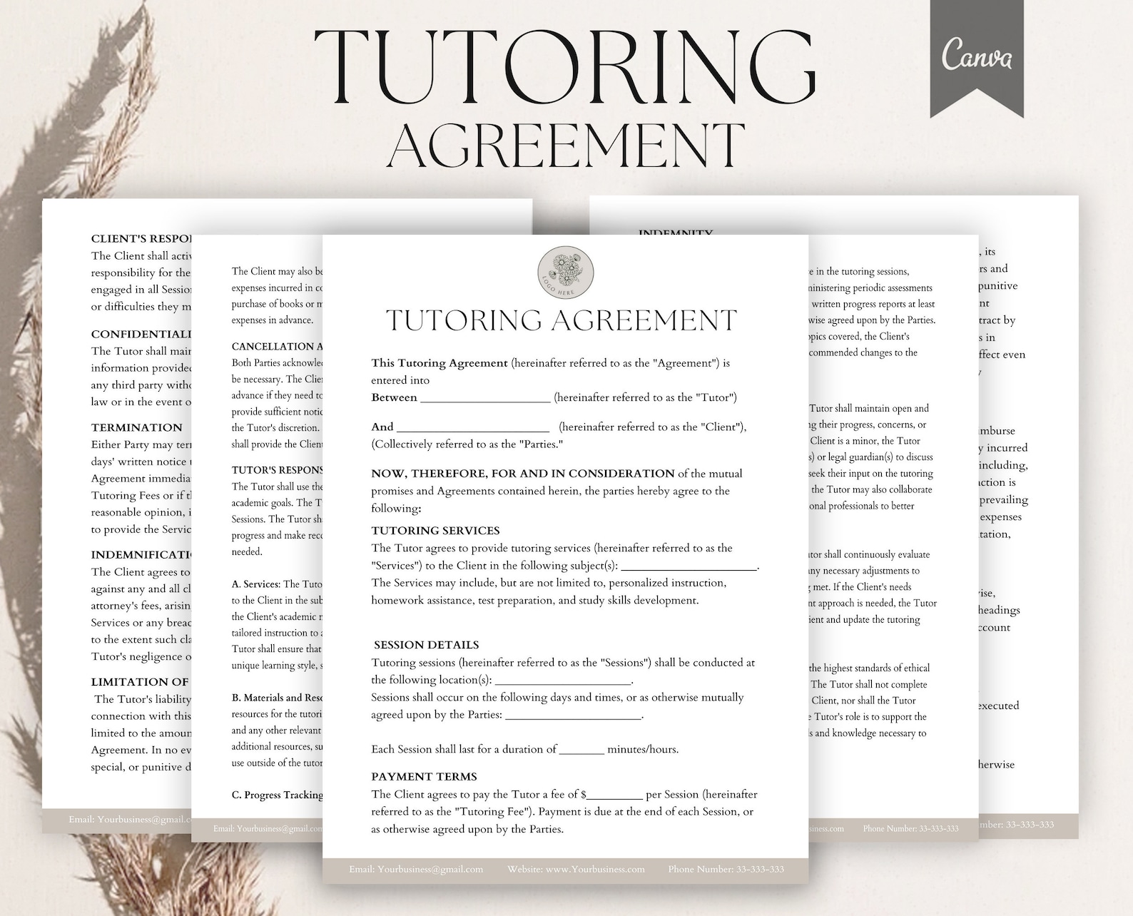 Tutoring Service Agreement Template, Editable Tutoring Service Contract ...