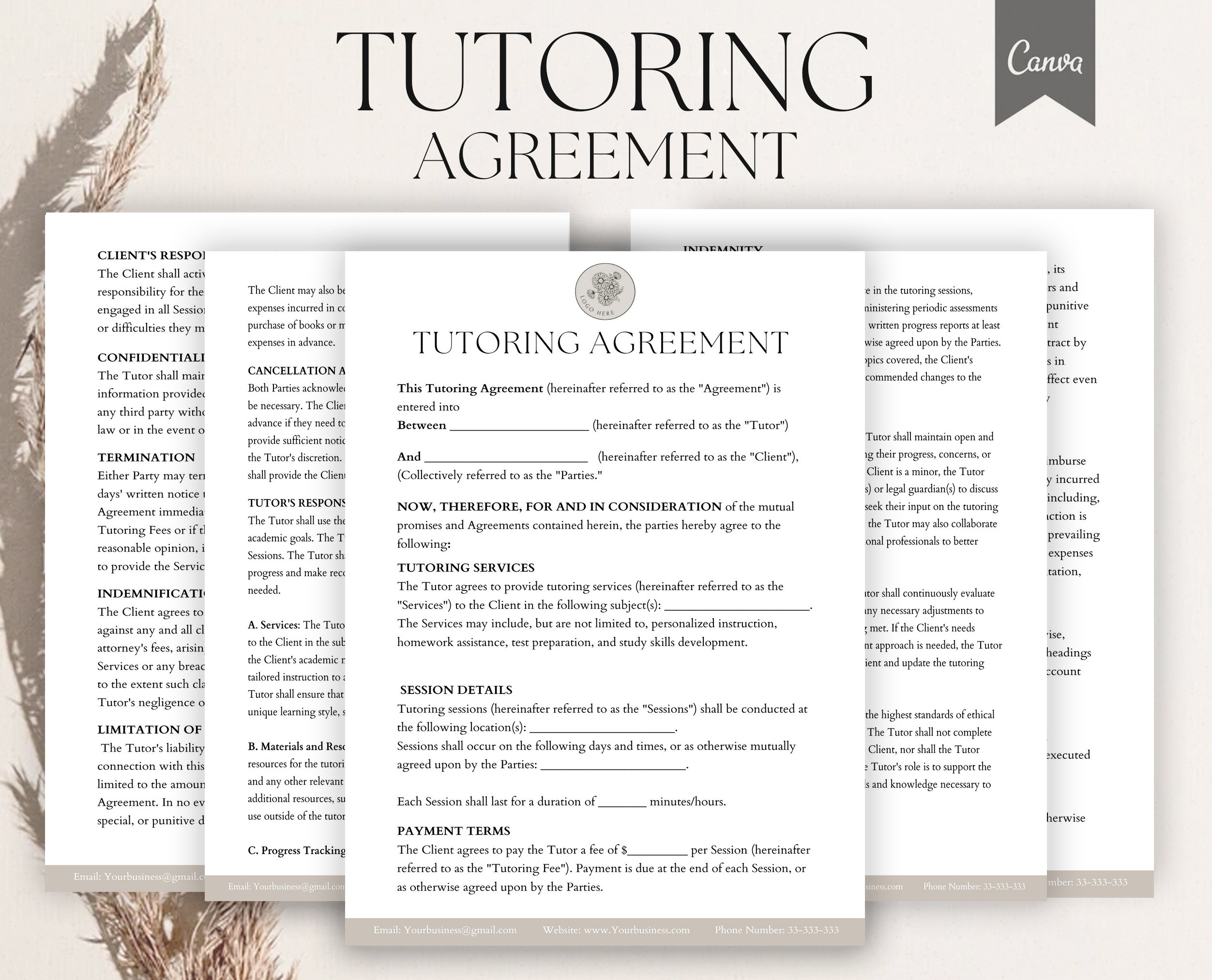 Tutoring Service Agreement Template, Editable Tutoring Service Contract ...