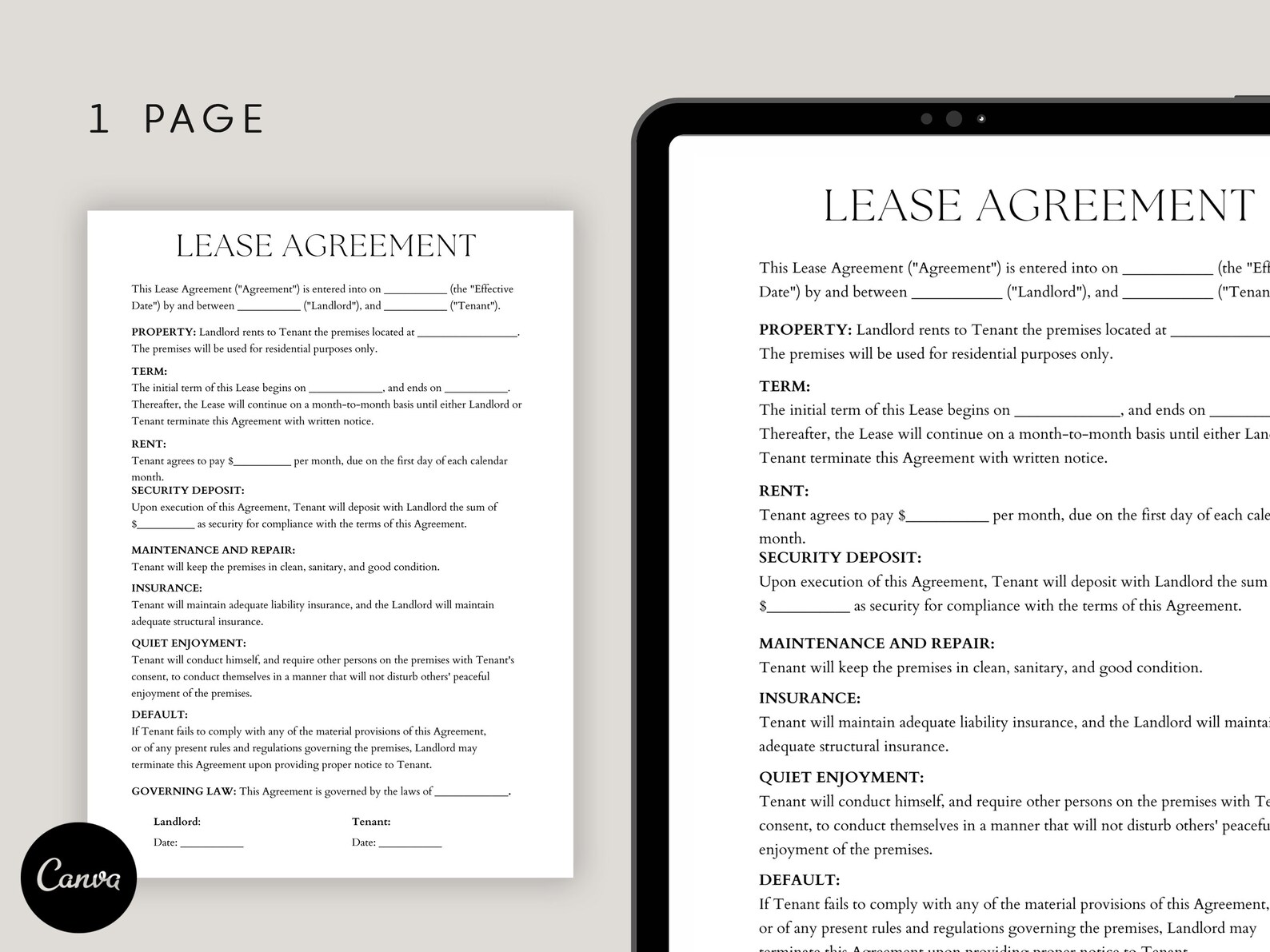 Editable One Page Lease Agreement, Rental Agreement, Simple One Page ...