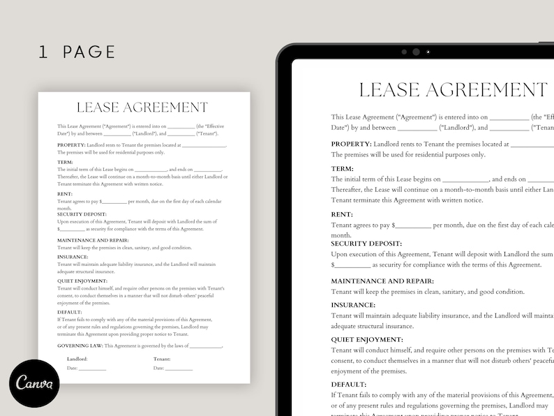 Editable One Page Lease Agreement, Rental Agreement, Simple One Page ...