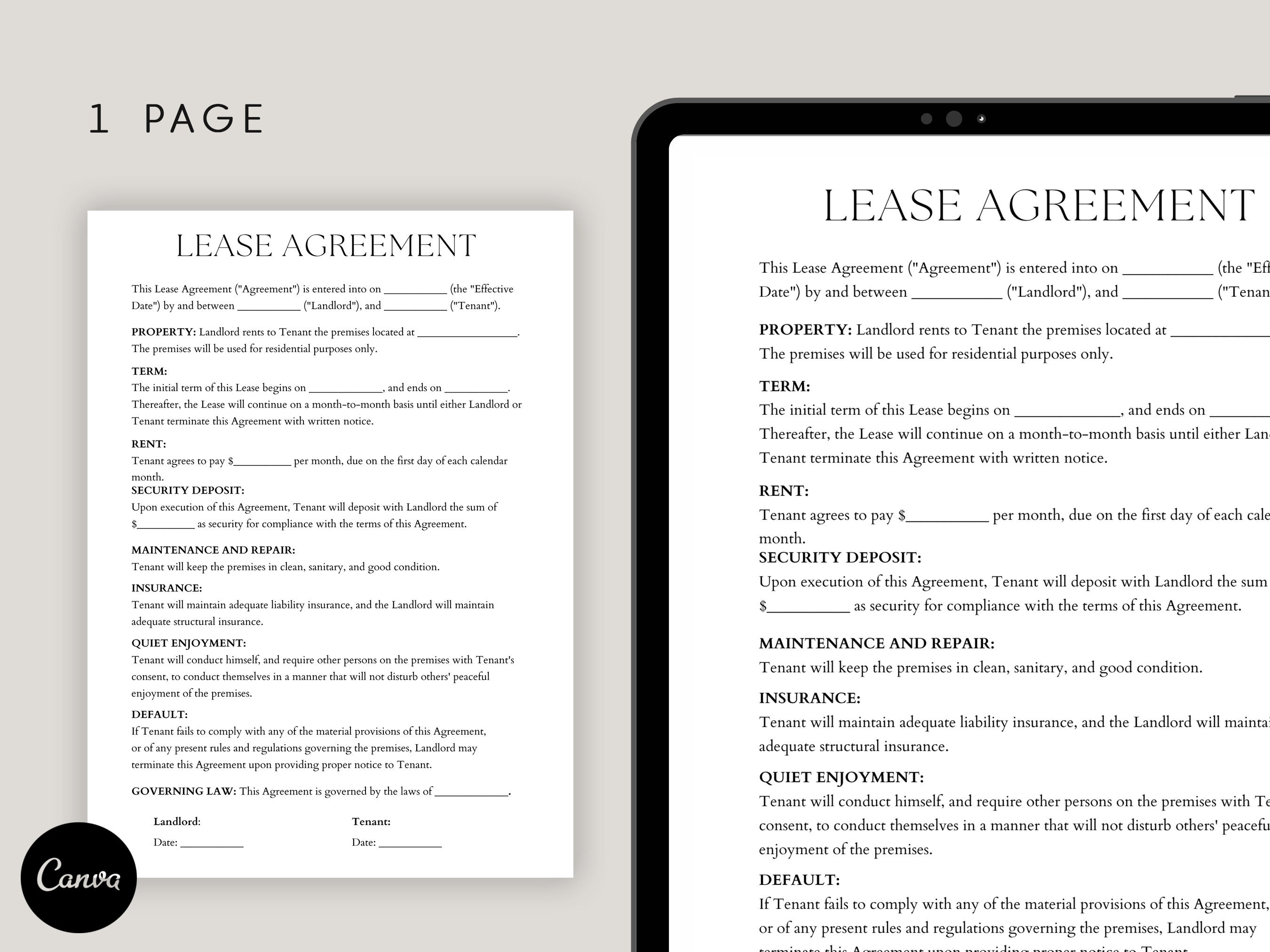 Editable One Page Lease Agreement, Rental Agreement, Simple One Page ...
