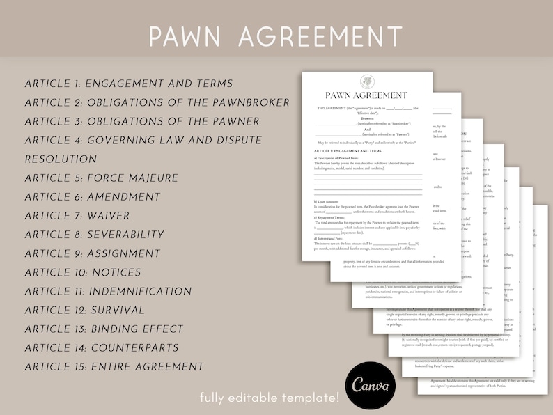 Editable Pawn Agreement, Collateral Loan Agreement, Pledge Agreement ...