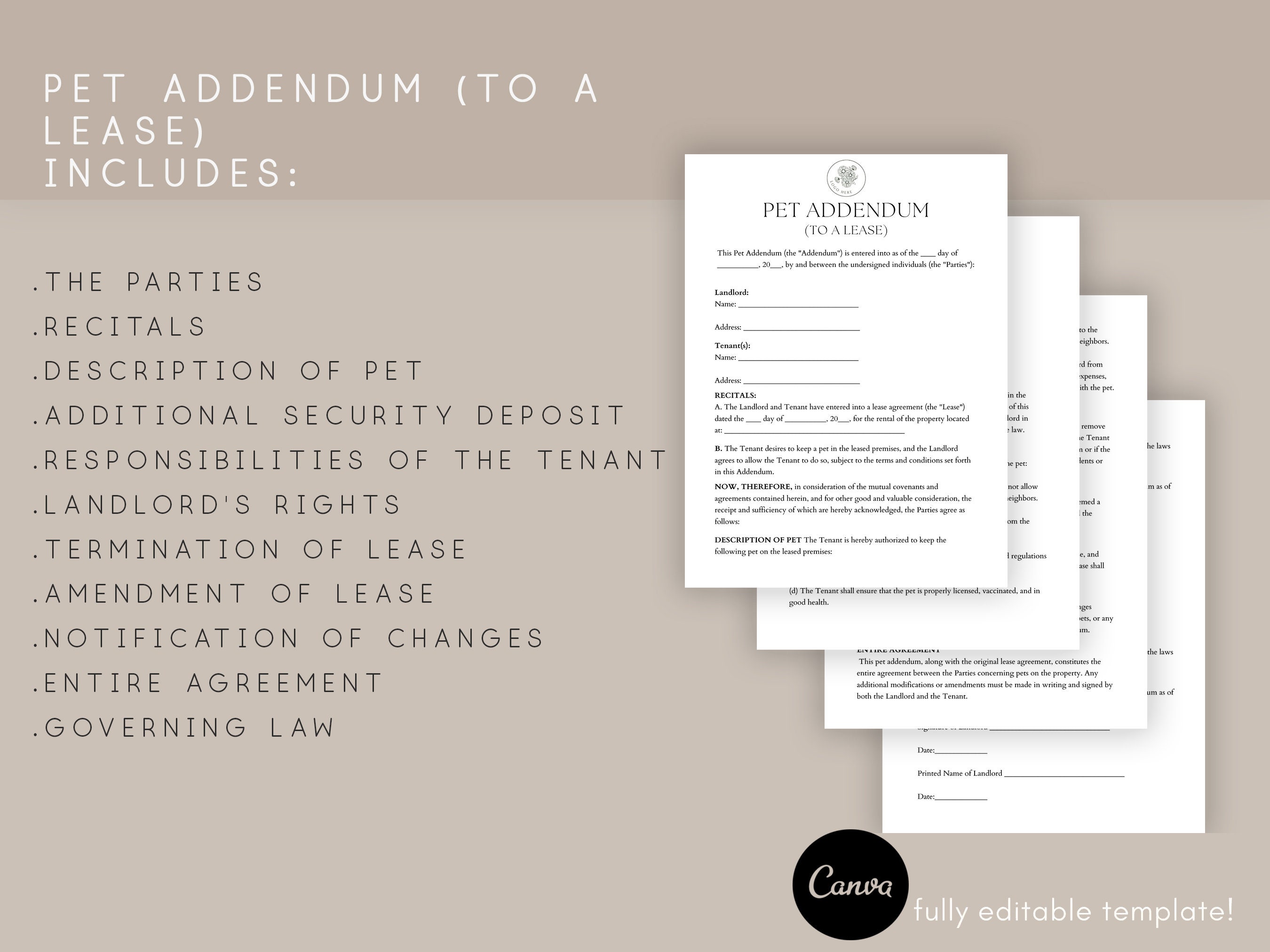 Editable Pet Addendum to A Lease Form, Rental Form, Pet Agreement ...