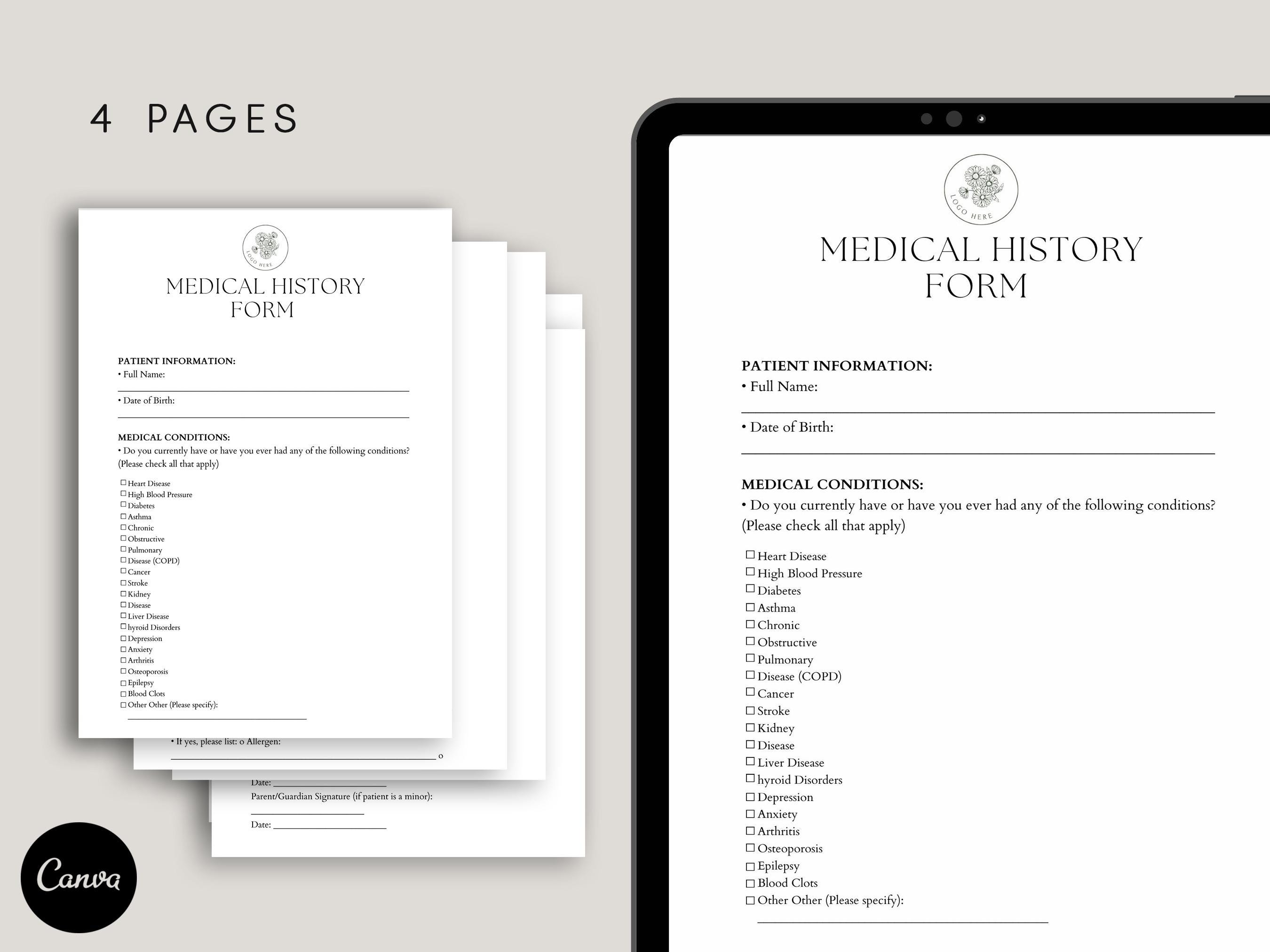 Medical History Form, Patient Medical Record Form, Pdf, Canva - Etsy