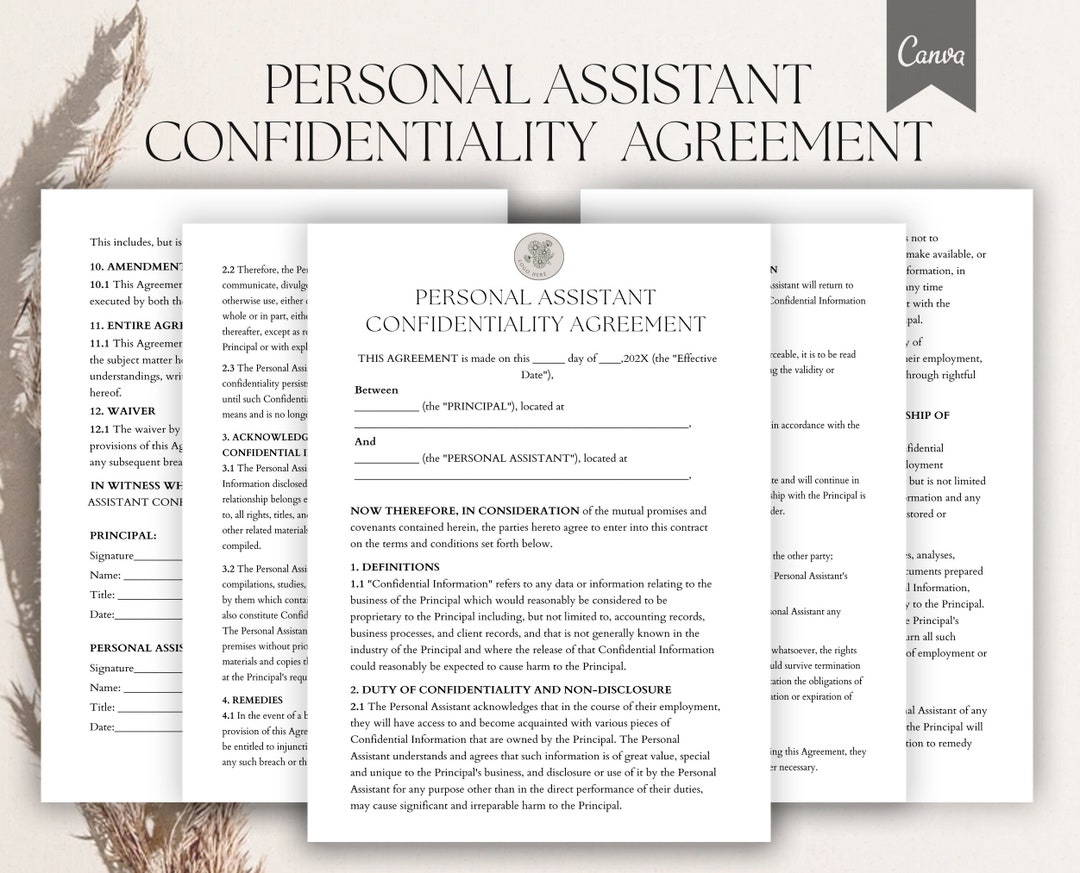 Editable Personal Assistant Confidentiality Agreement, Assistant Non ...