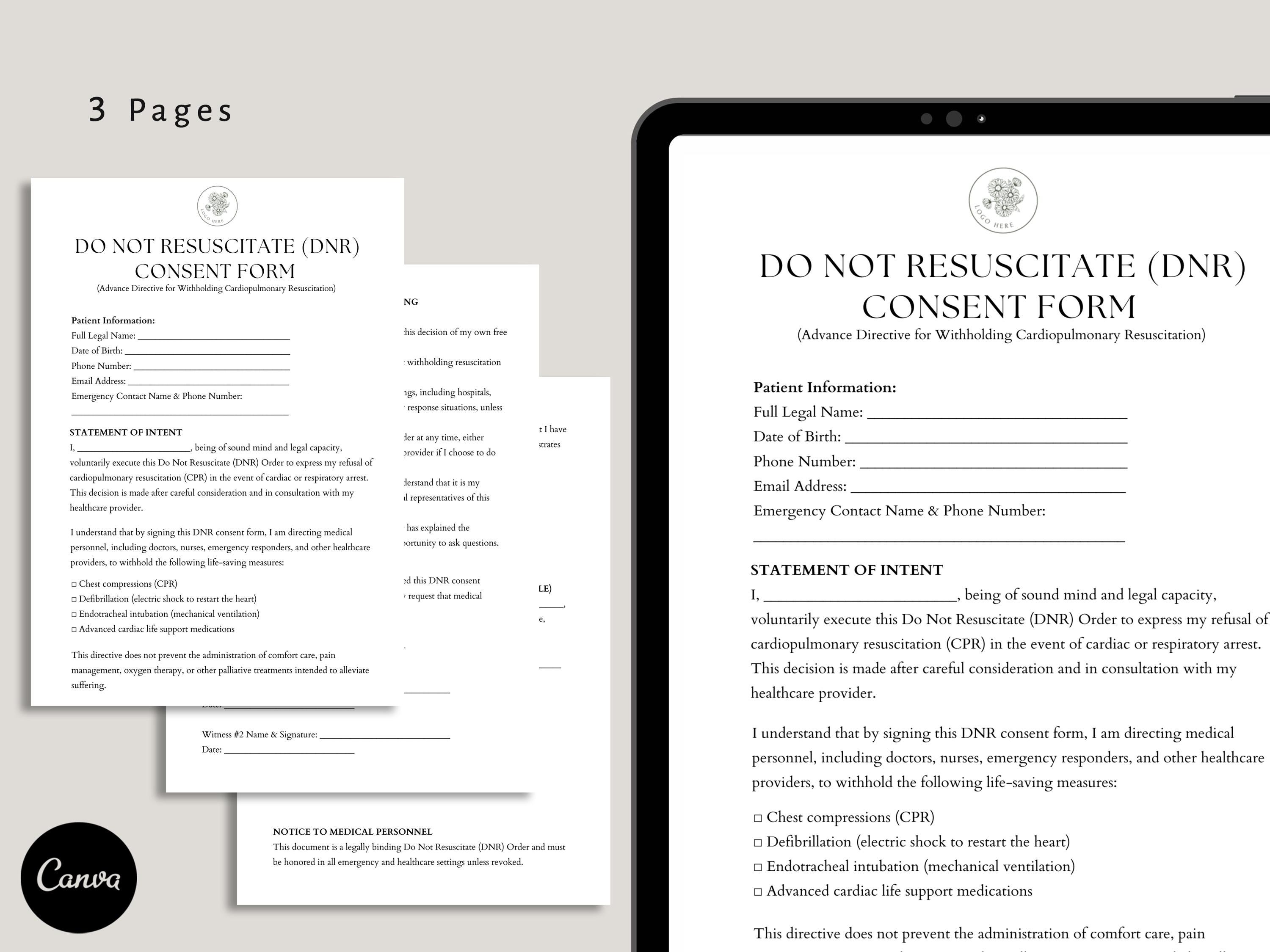 Do Not Resuscitate (DNR) Consent Form Template, PDF, Canva - Etsy
