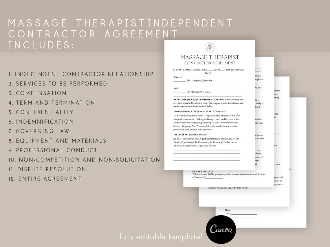 Massage Therapist Independent Contractor Agreement Template, Editable ...