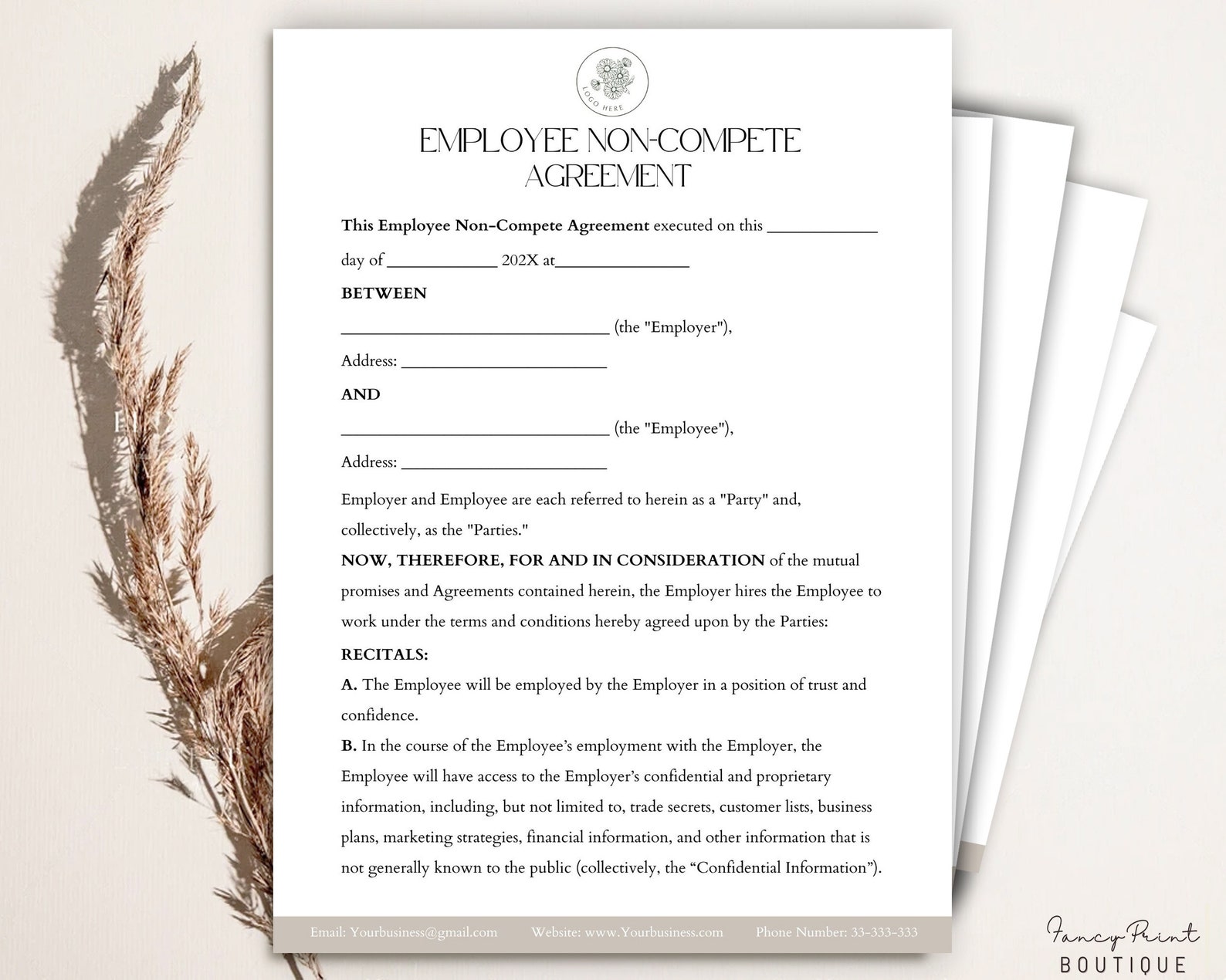 Editable Employee Non-compete Agreement Template , Employment Agreement ...