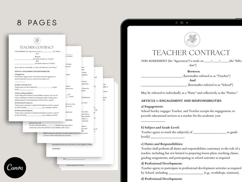 Teacher Contract, Educator Agreement, Teaching Employment Contract Pdf ...
