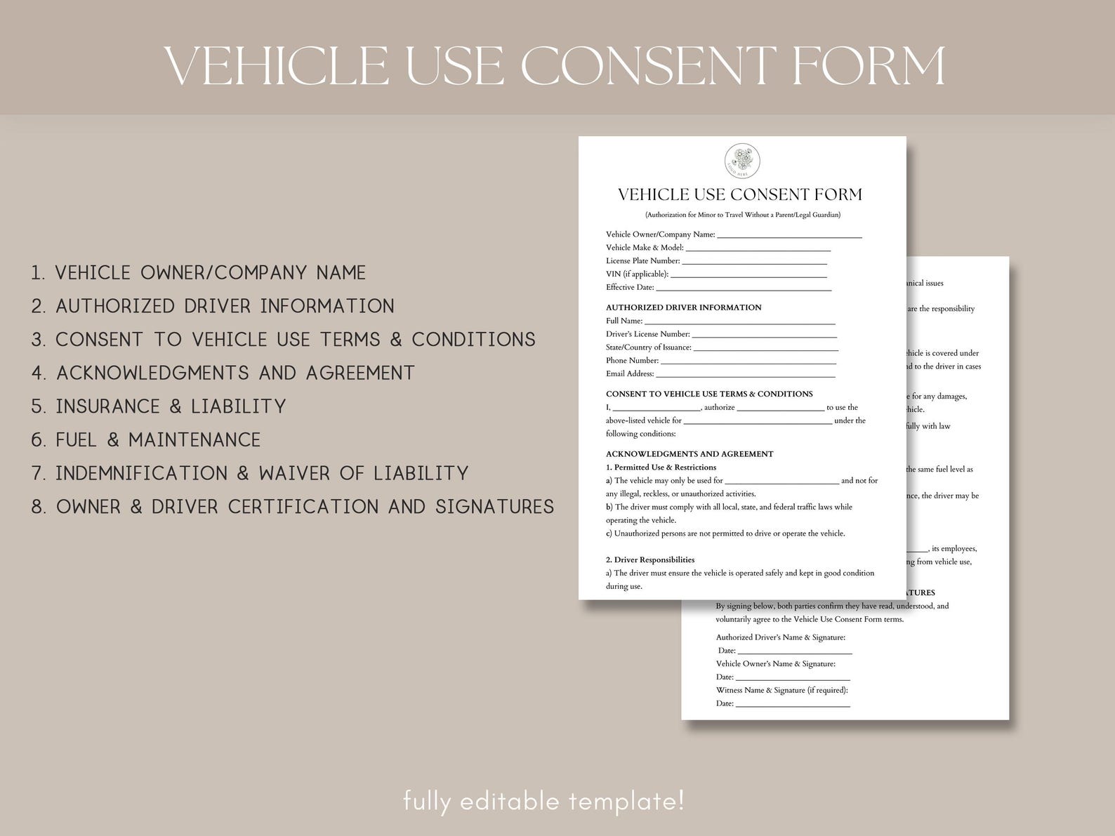Vehicle Use Consent Form Template, Car Use Authorization Form, PDF ...