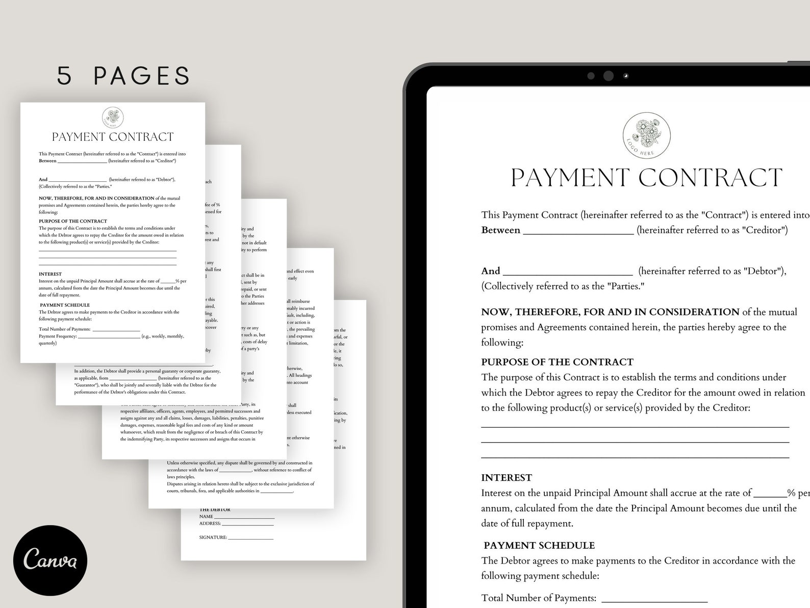 Editable Payment Contract Template, Payment Agreement Form, Debt ...