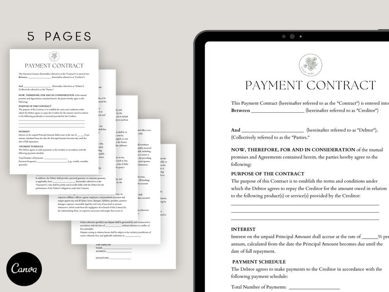 Editable Payment Contract Template, Payment Agreement Form, Debt ...
