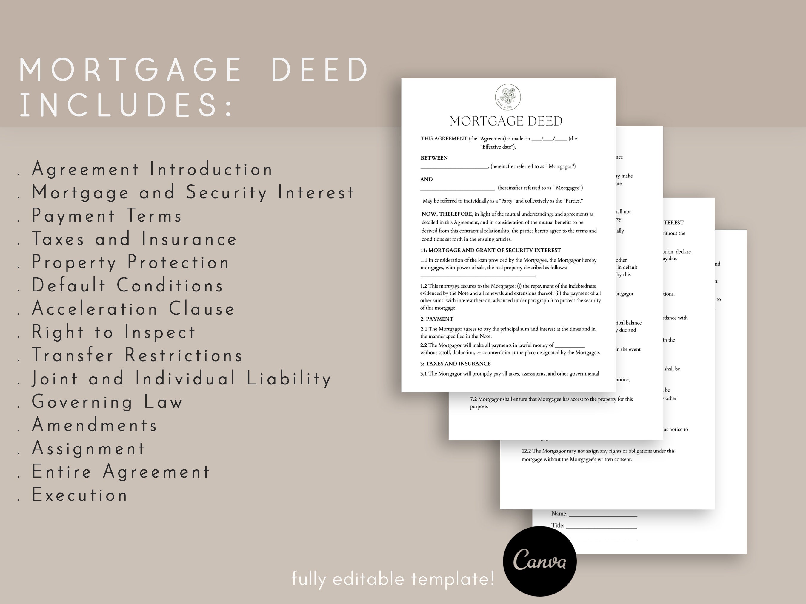 Mortgage Deed Template, Editable Mortgage Agreement, Deed of Mortgage ...