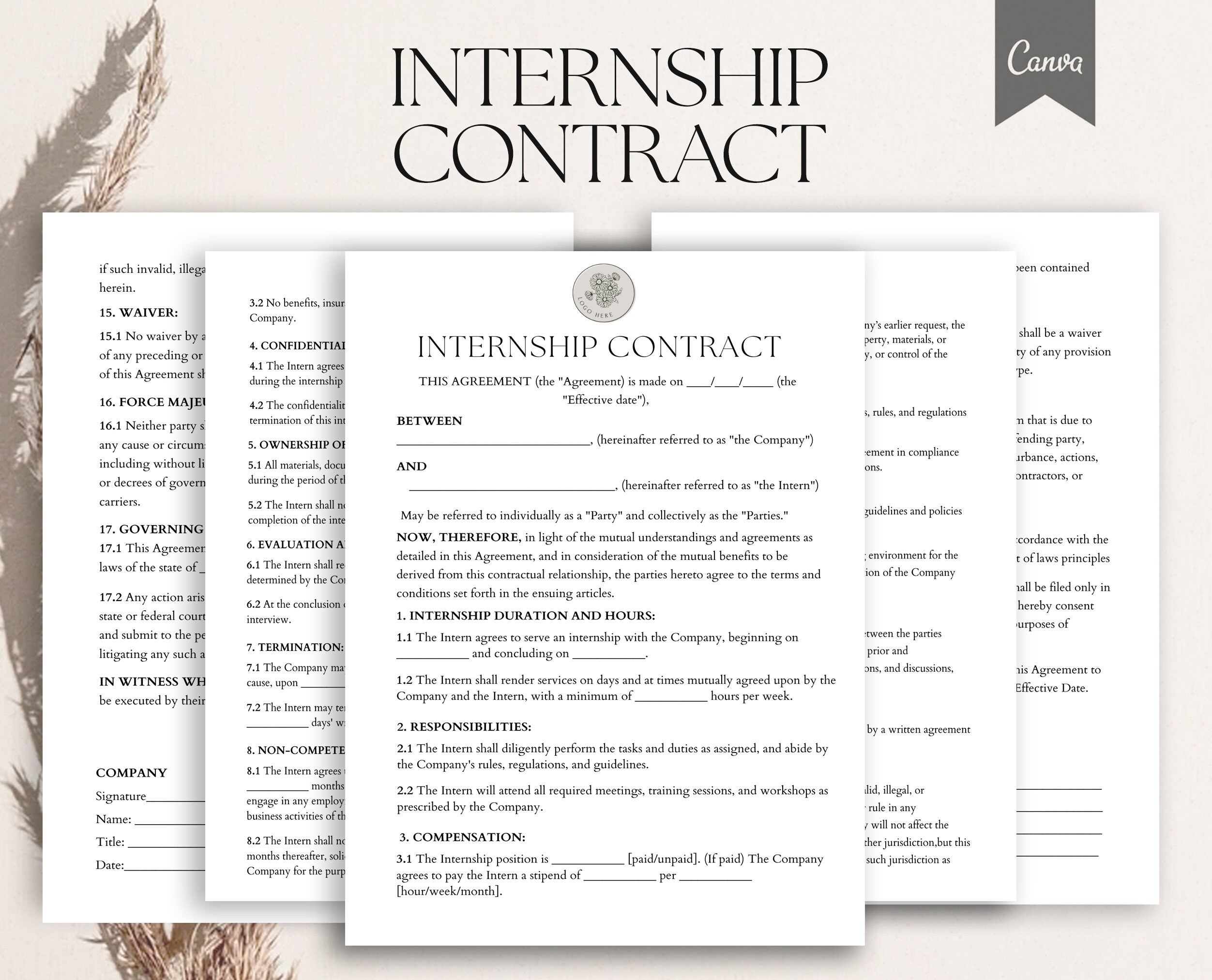 Internship Contract Template ,internship Contract Forms, Editable Student Intern Agreement ...