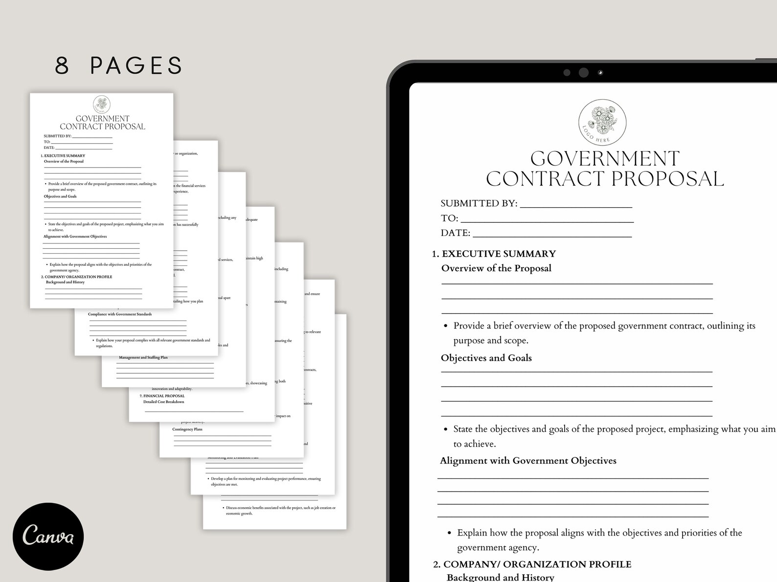 Government Contract Proposal, Template Form, Pdf, Canva - Etsy