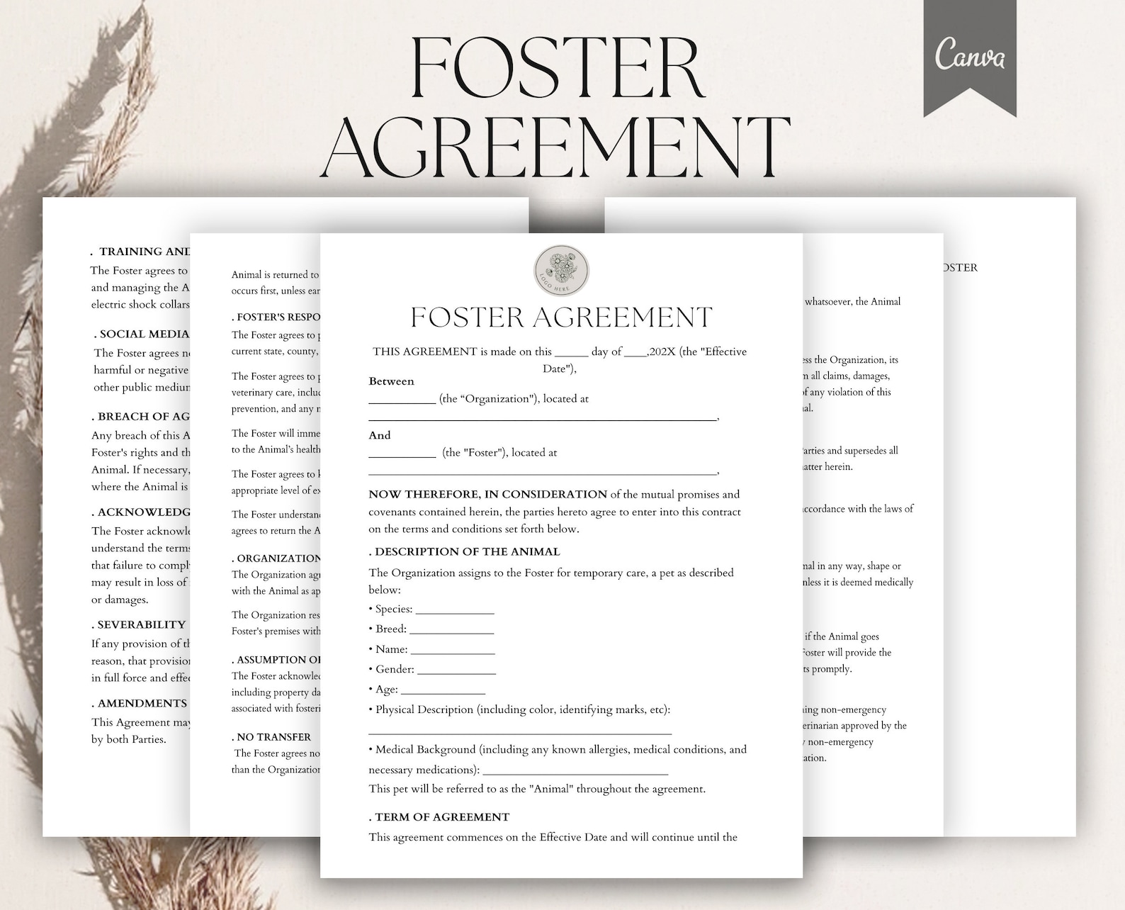 Editable Foster Agreement Template, Pet Foster Contract, Animal ...