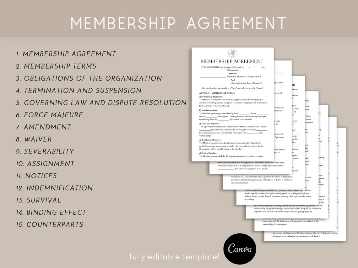 Membership Agreement Template, Membership Terms and Conditions Form ...