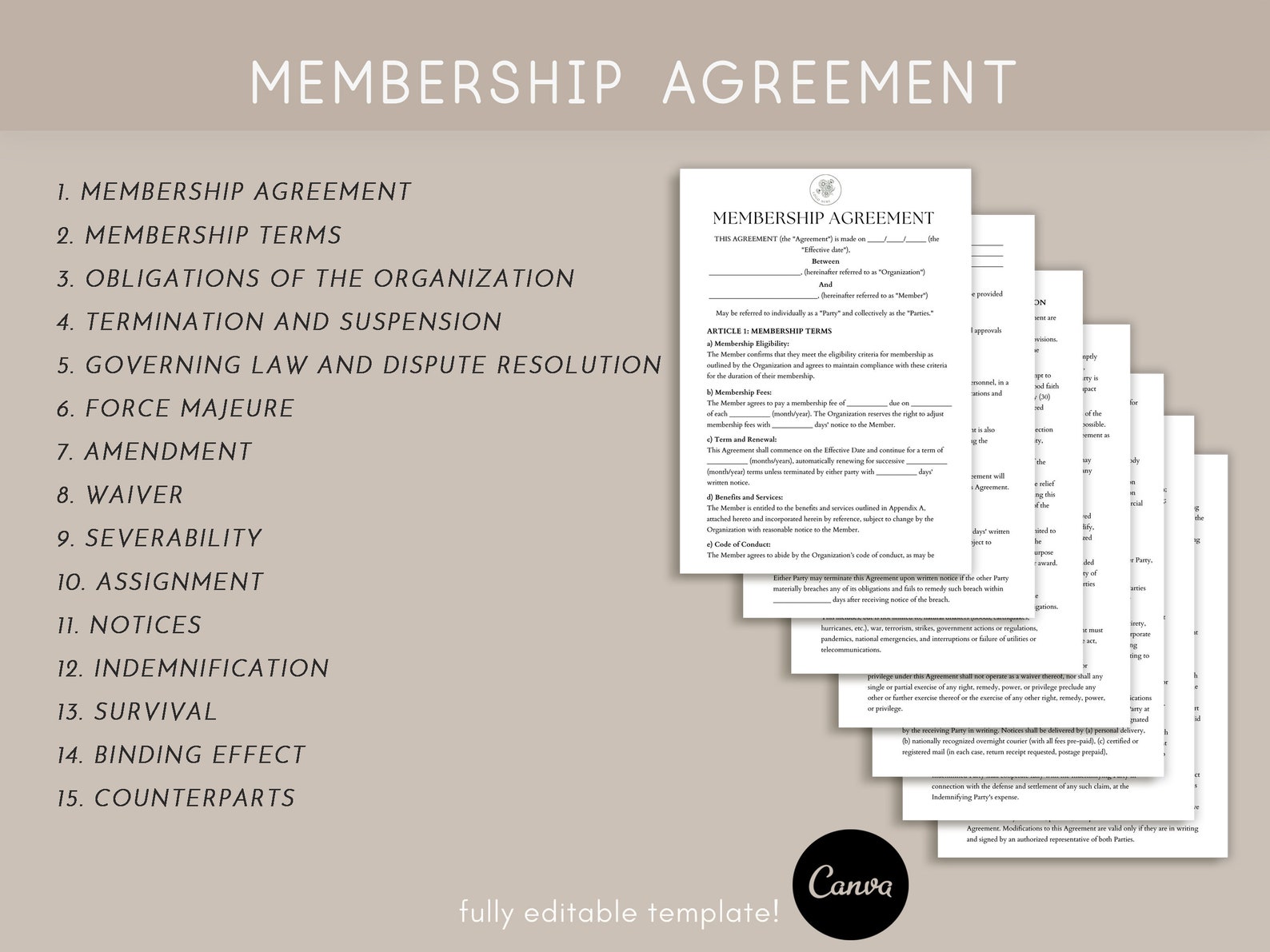 Membership Agreement Template, Membership Terms and Conditions Form ...