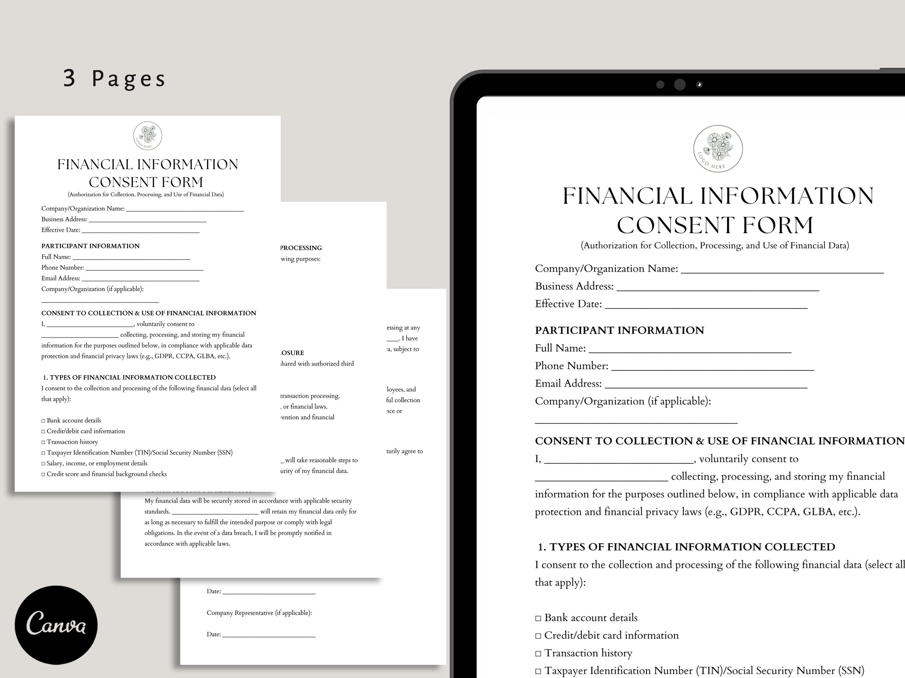 Financial Information Consent Form Template PDF, Canva - Etsy