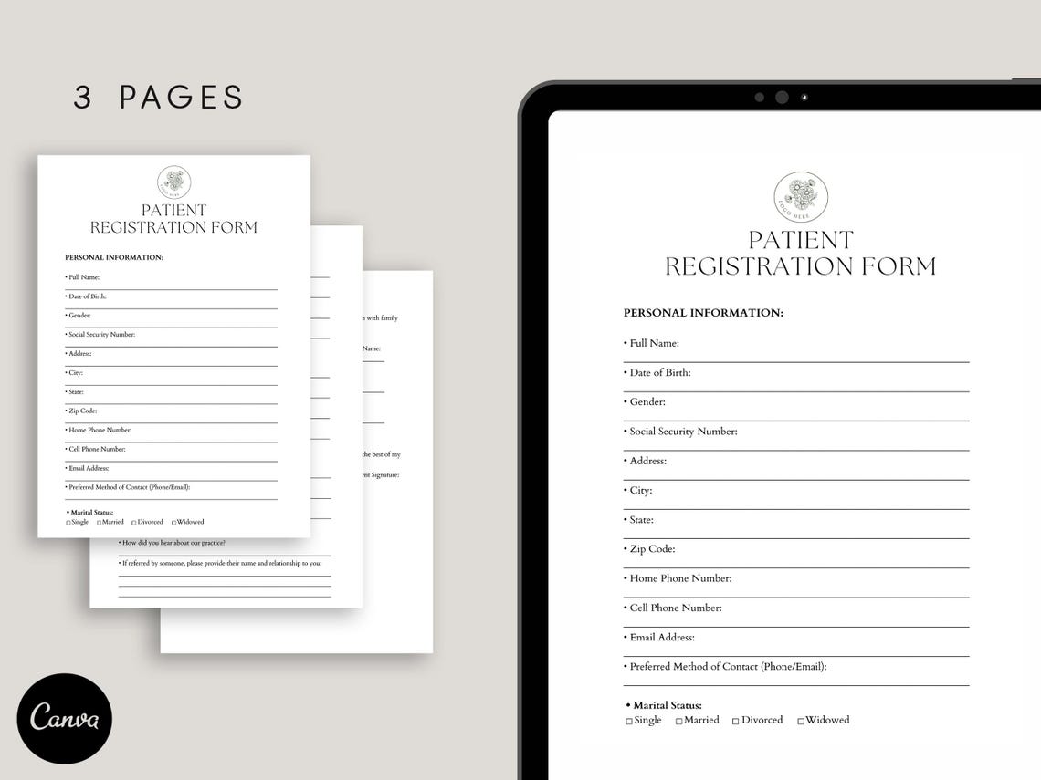 Patient Registration Form Template,pdf, Canva - Etsy