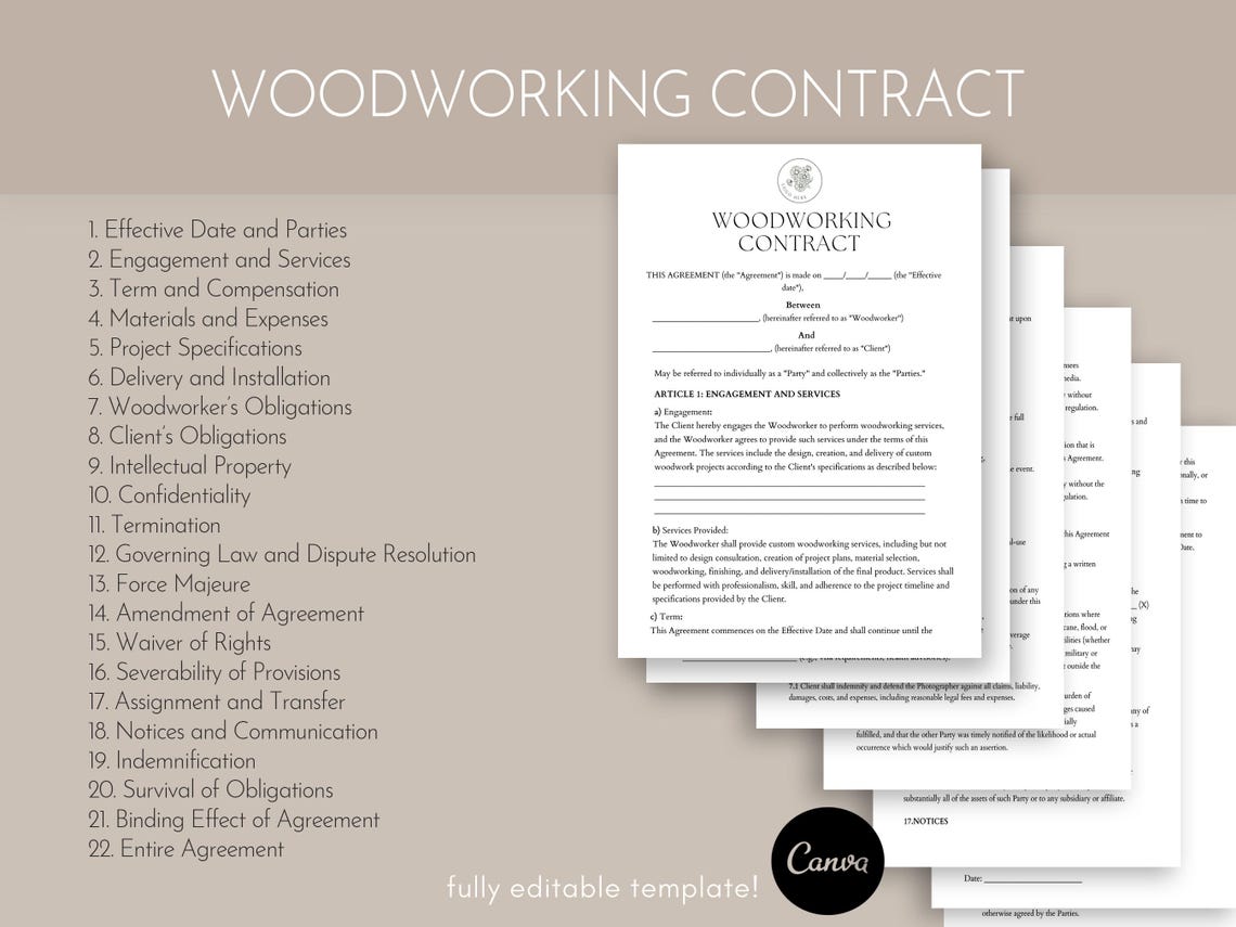 Woodworking Contract Template, Custom Woodworking Agreement, Pdf, Canva ...