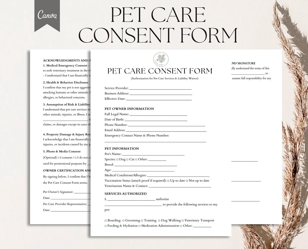 Pet Care Consent Form Template, Pet Service Authorization Form, PDF ...