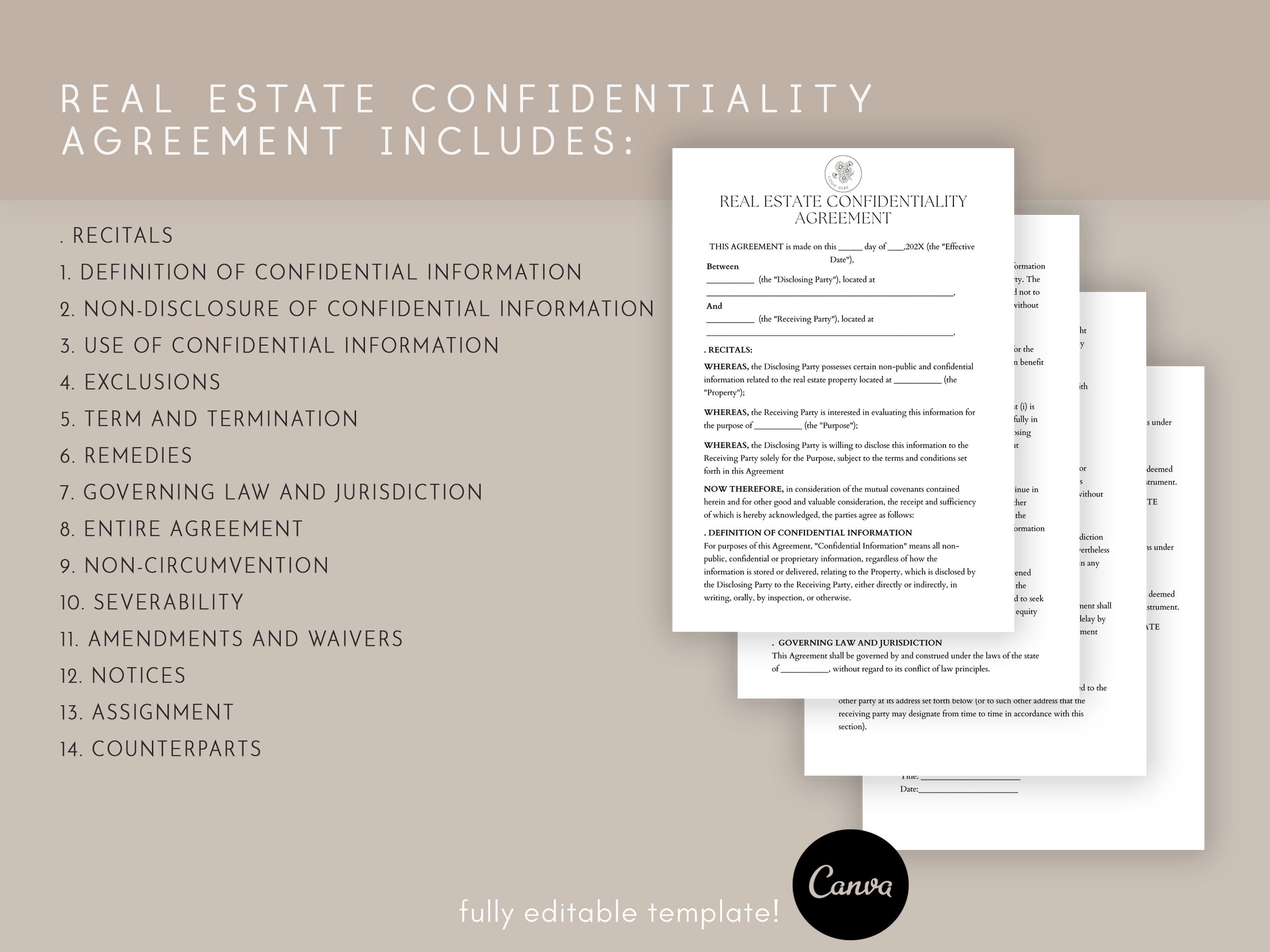 Editable Real Estate Confidentiality Agreement, Property ...