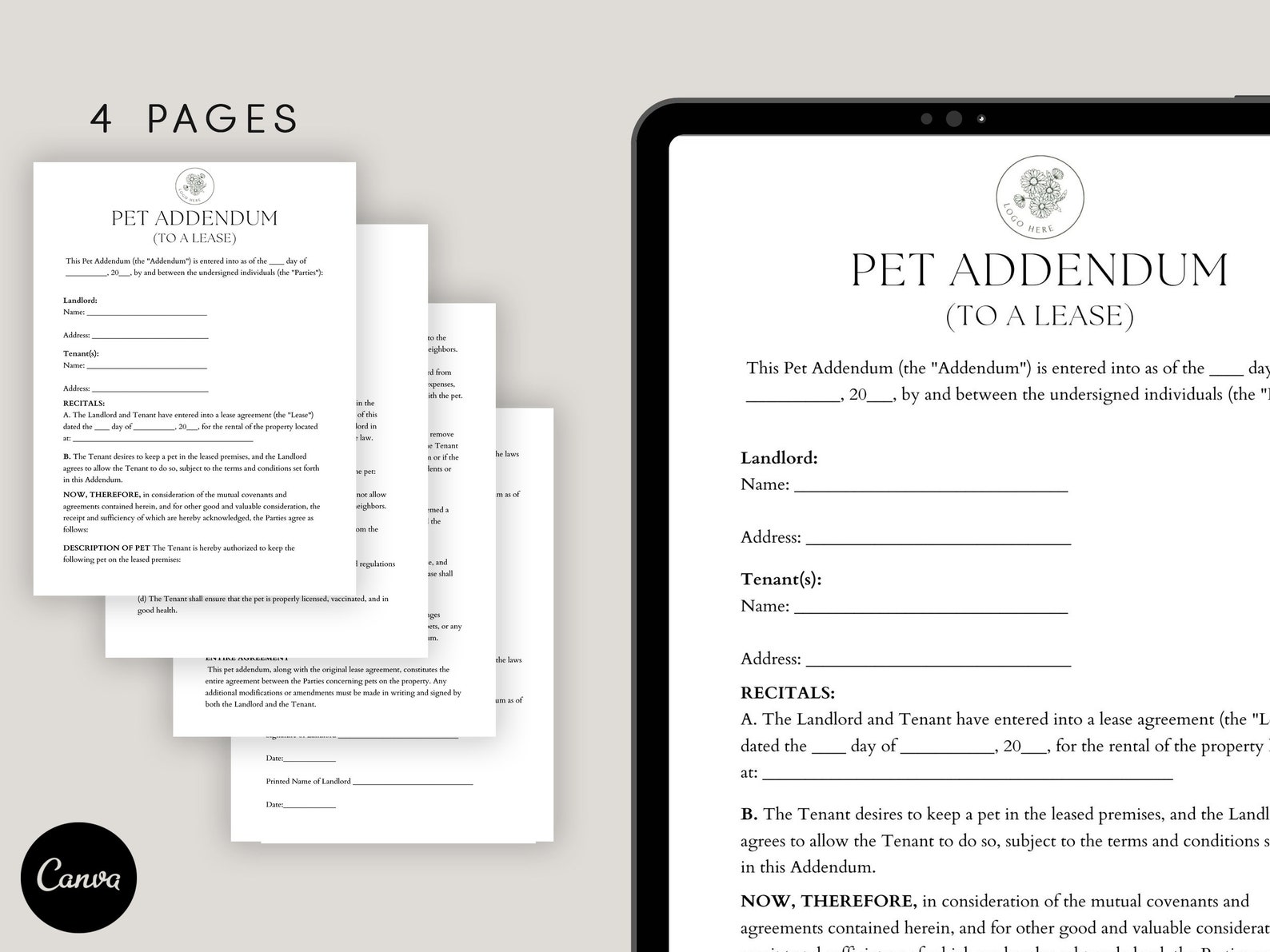 Editable Pet Addendum to A Lease Form, Rental Form, Pet Agreement ...