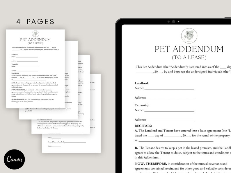 Editable Pet Addendum to A Lease Form, Rental Form, Pet Agreement ...