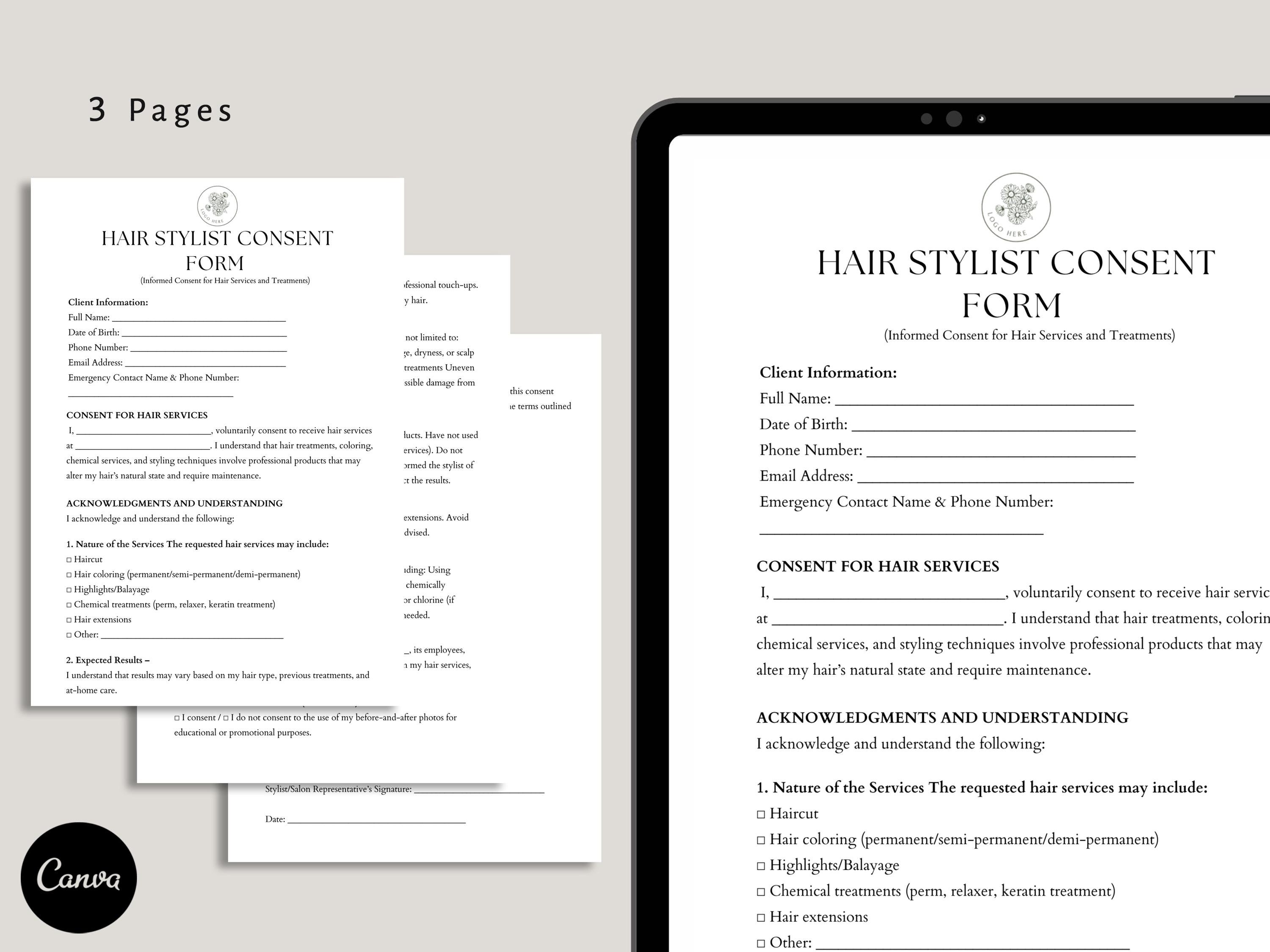 Hair Stylist Consent Form Template, PDF, Canva - Etsy