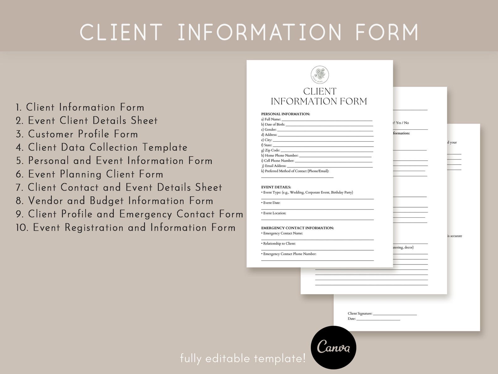 Client Information Form, Event Planning Client Form Template, Pdf ...