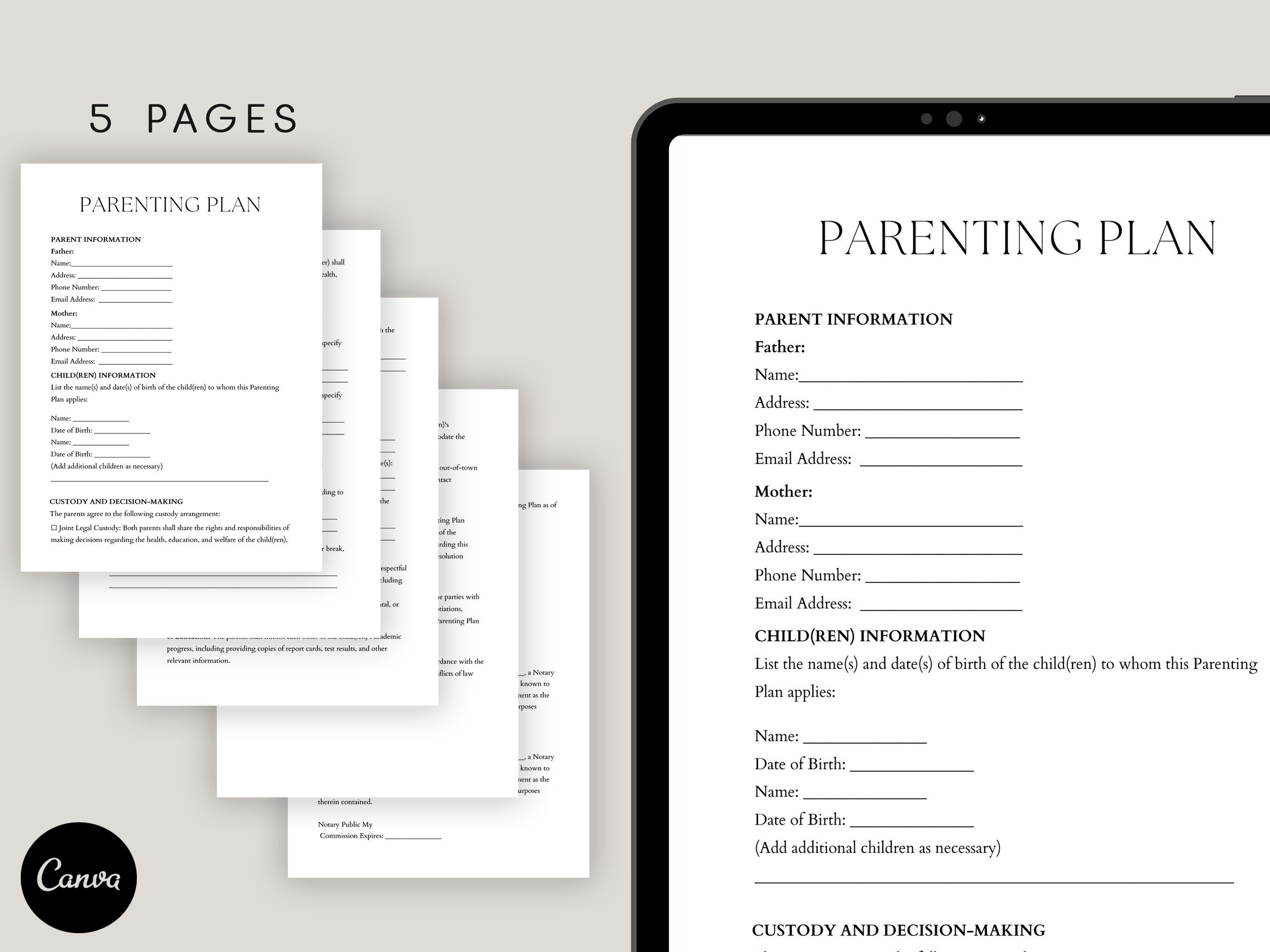 Parenting Plan Template, Editable Parenting Plan Form, Child Custody ...