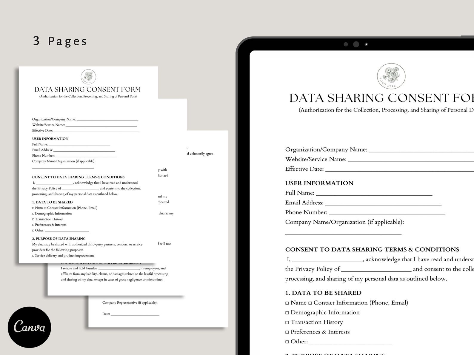 Data Sharing Consent Form Template, Data Processing and Sharing Consent Form, PDF, Canva - Etsy
