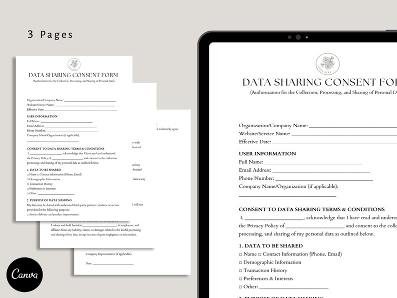 Data Sharing Consent Form Template, Data Processing and Sharing Consent Form, PDF, Canva - Etsy