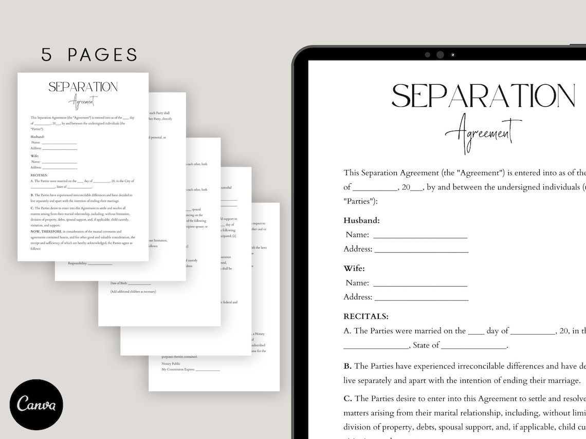 Editable Separation Agreement Template, Divorce Settlement Agreement ...