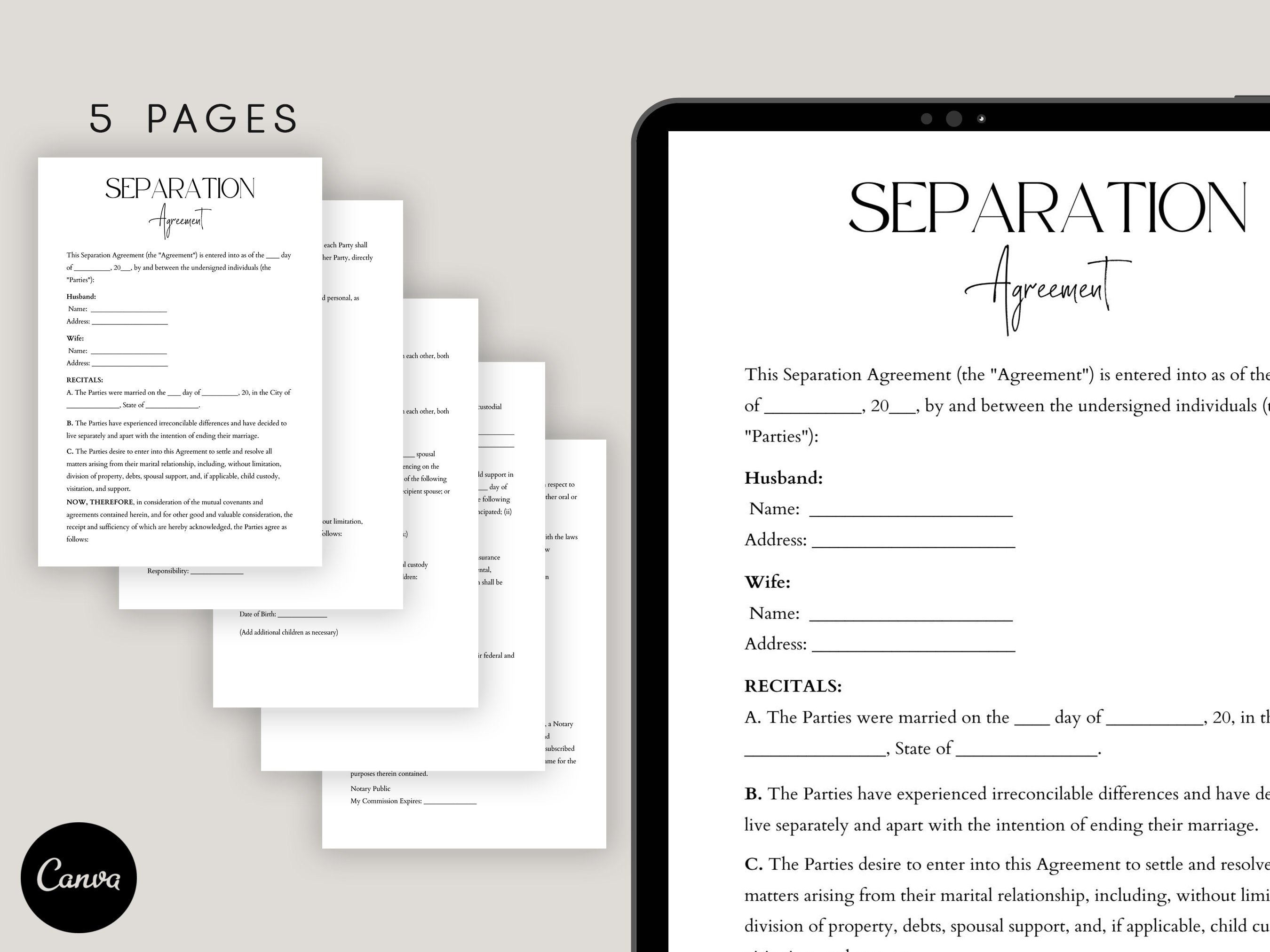 Editable Separation Agreement Template, Divorce Settlement Agreement ...