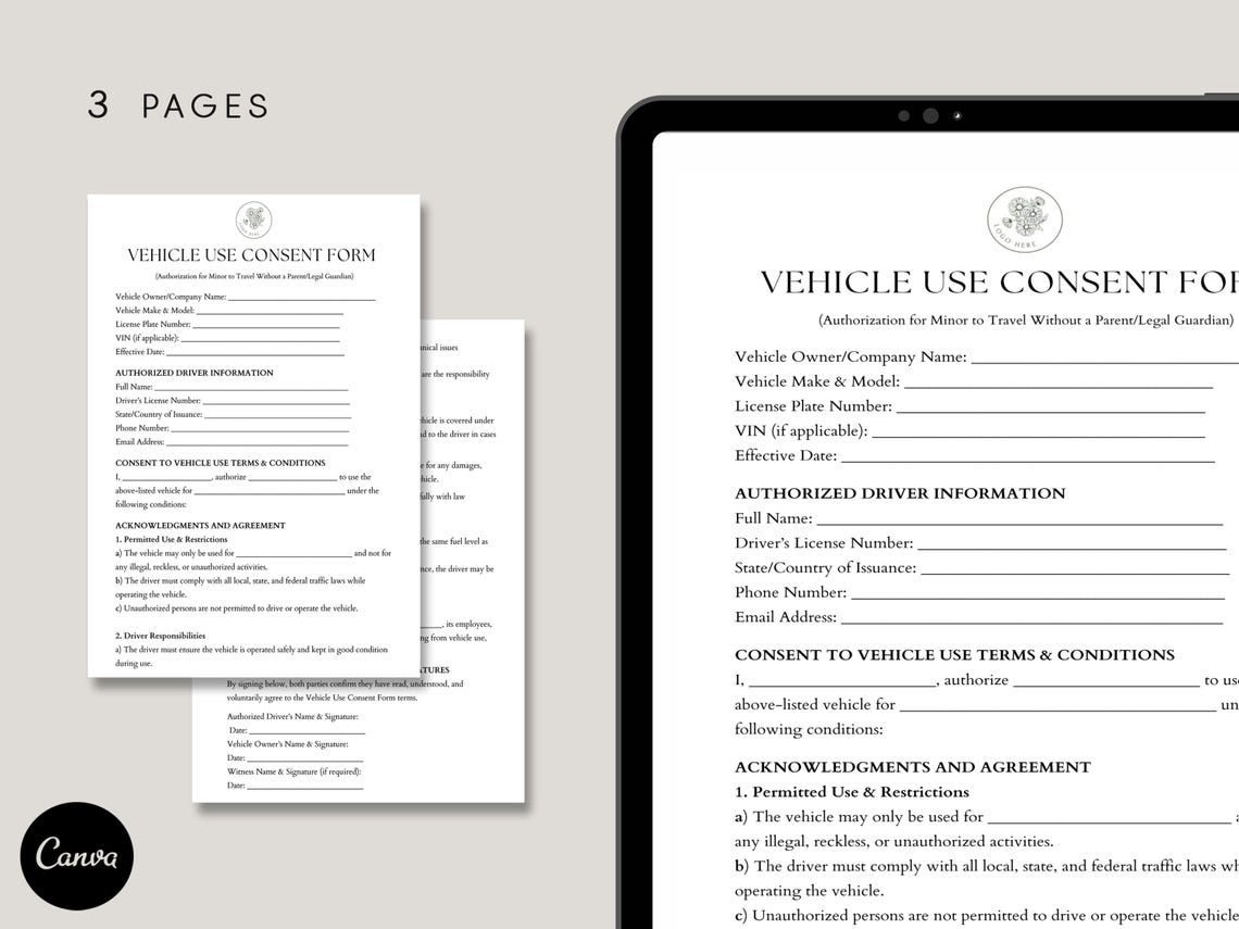 Vehicle Use Consent Form Template, Car Use Authorization Form, PDF ...