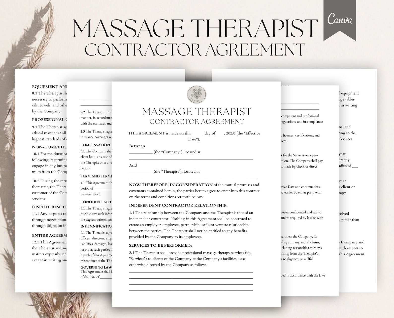 Massage Therapist Independent Contractor Agreement Template, Editable ...