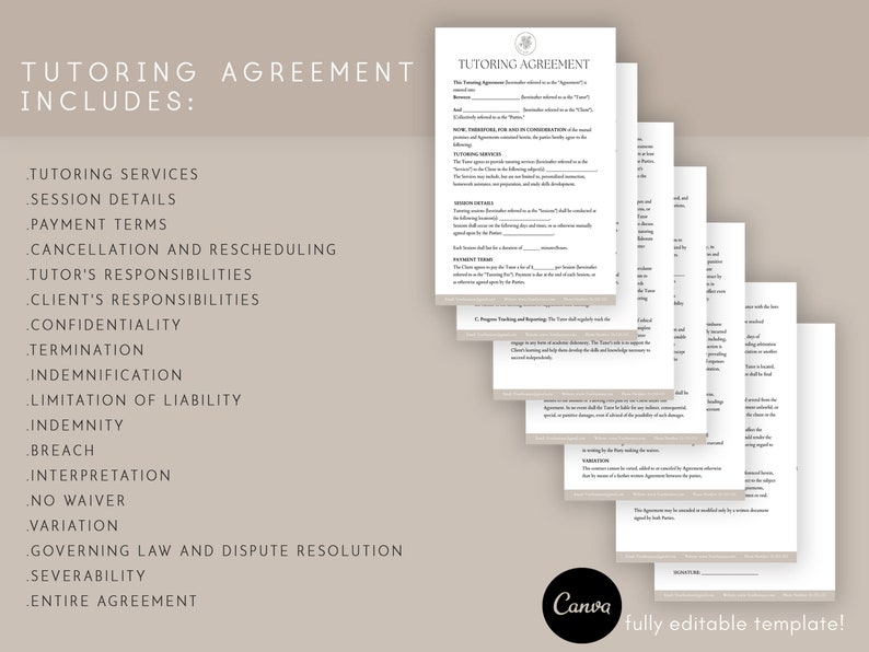 Tutoring Service Agreement Template, Editable Tutoring Service Contract ...