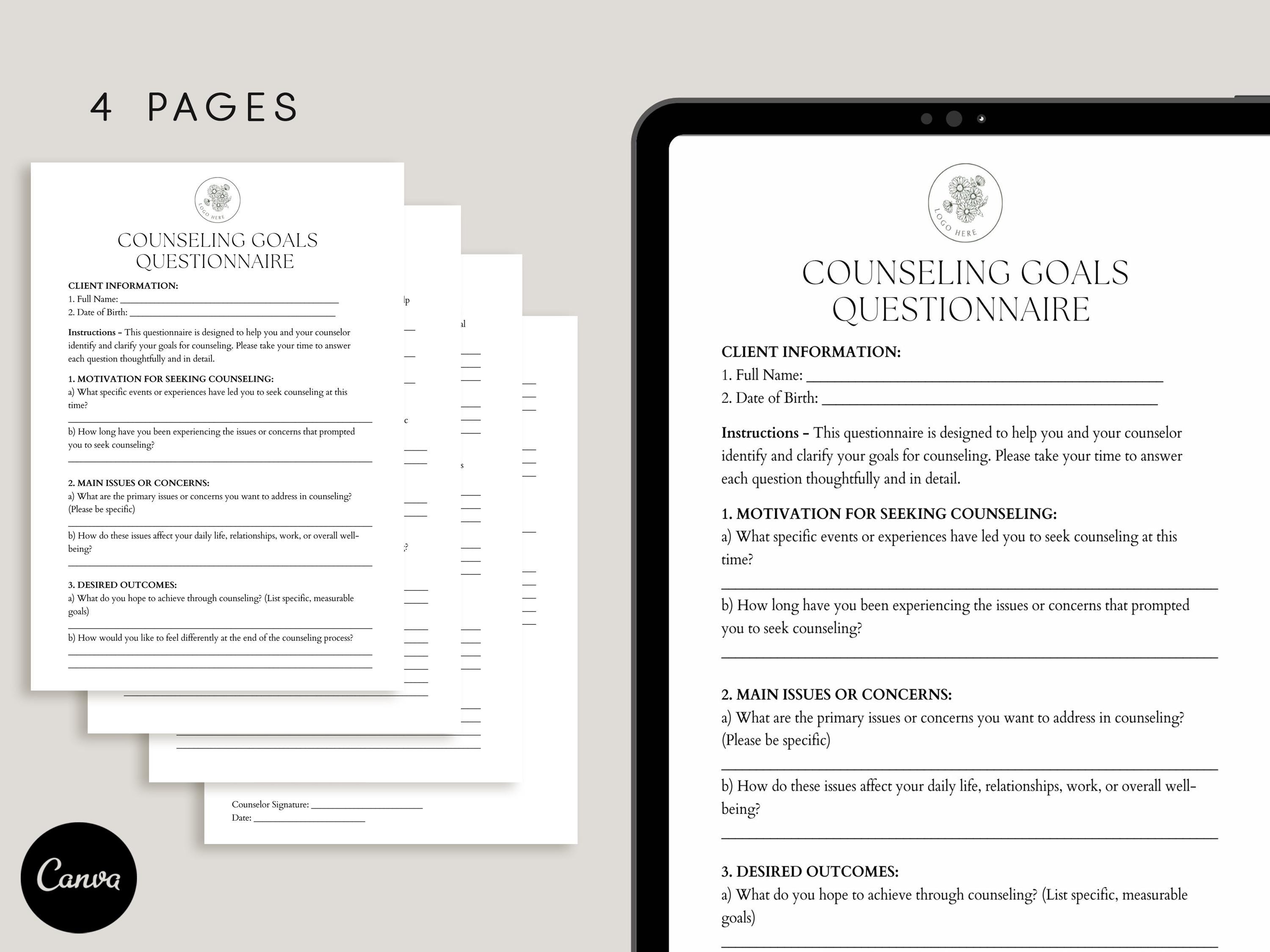 Counseling Goals Questionnaire Form, PDF, Canva - Etsy