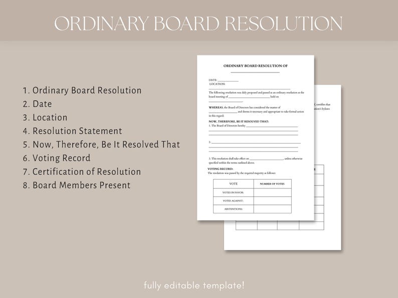 Ordinary Board Resolution Template, PDF, Canva - Etsy