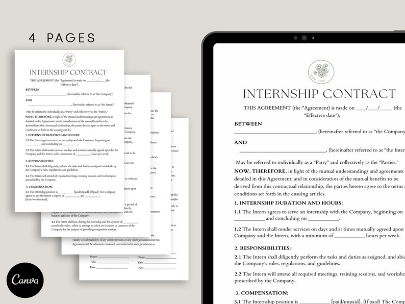 Internship Contract Template ,internship Contract Forms, Editable ...